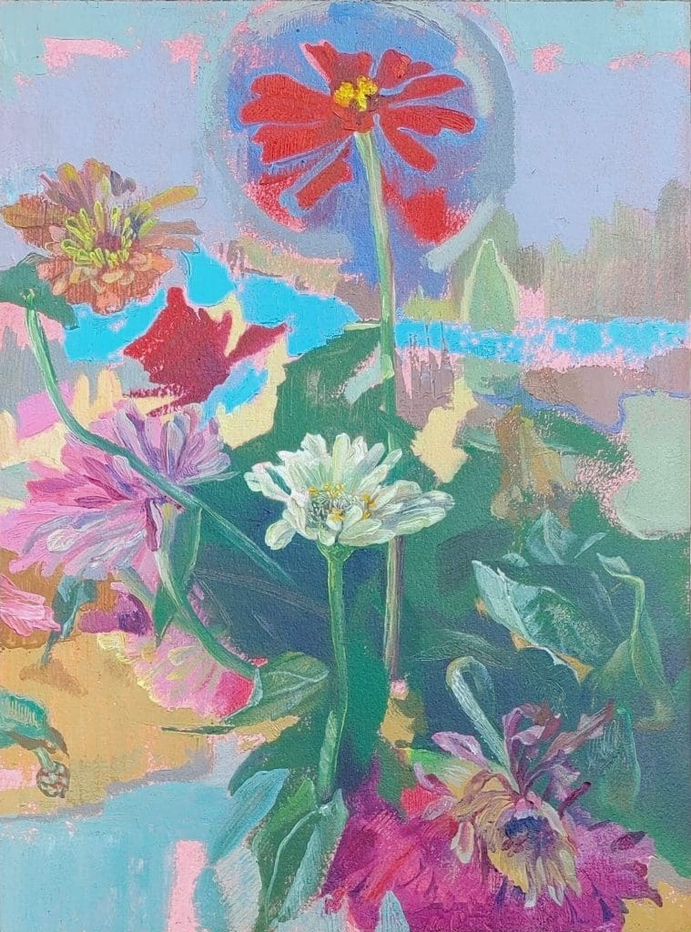 "Passing By Zinnias, Arthur In Mind" - Clare Hirn Art